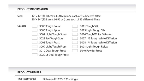 Rosco Diffusion Filter Kit - 12"x12" | Helix Camera